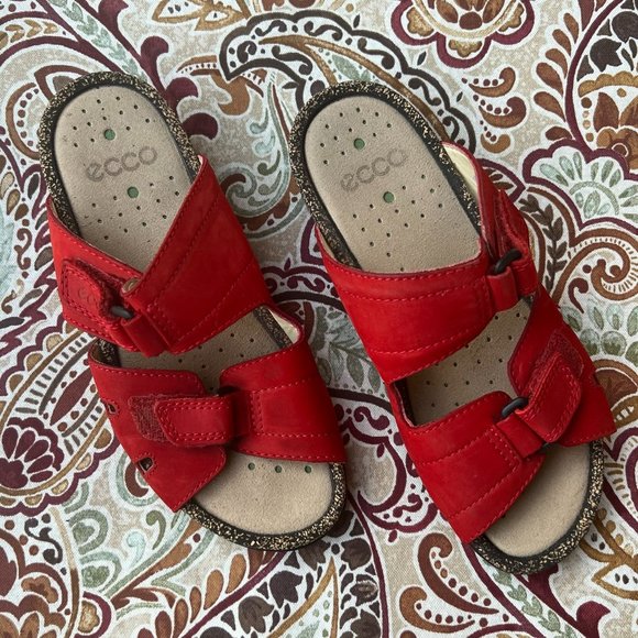 Ecco | Shoes | Ecco Cosmo Cork Sandal Slides Red Leather Shock Point ...
